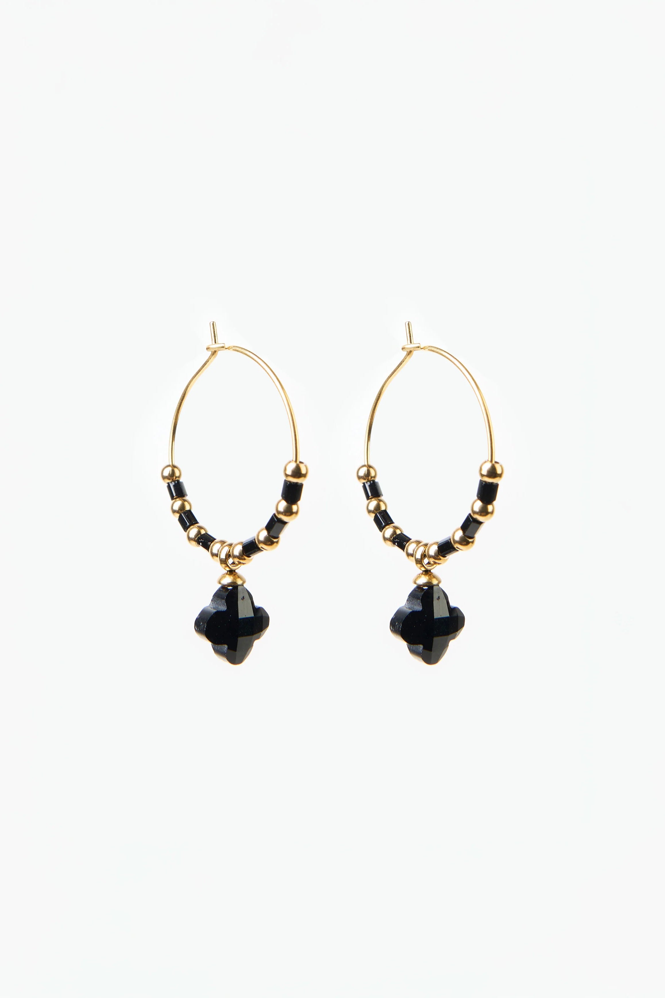 STELLA + GEMMA EARRINGS - GOLD HOOP BLACK CLOVER & BEADS – THE VOGUE STORE